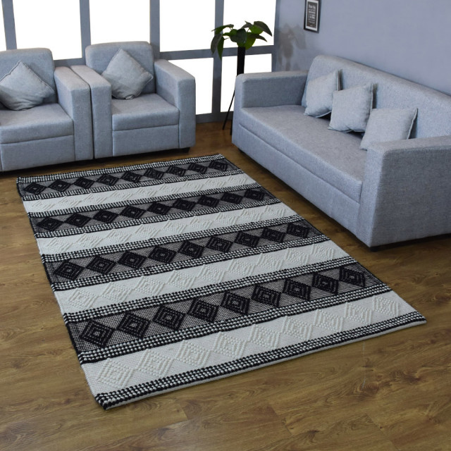 Hand Woven Flat Weave Loop Kilim Wool & Cotton Rug Contemporary Black ...
