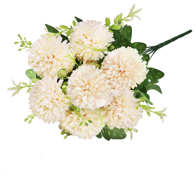 Set of 3 Champagne Ivory Artificial Pom Pom Mum Flower Stem Bush ...