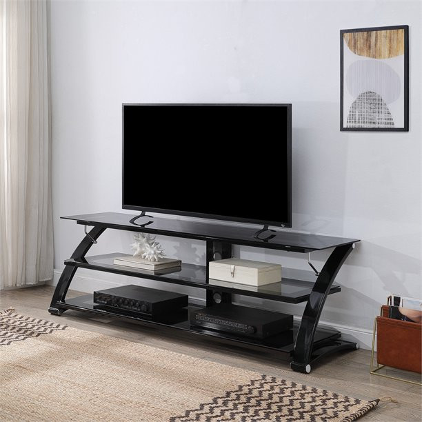 Modern V-Shaped TV Stand with Smoked Glass Shelves and Black Metal ...
