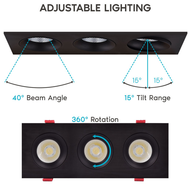 Luxrite Triple Head Adjustable LED Recessed Light 5 Color Option Black ...
