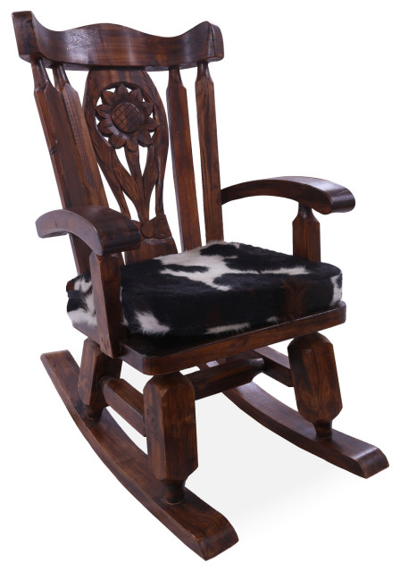 Wooden Rocking Chair Handcarved Back Removable Hair-On Cowhide Pillow ...