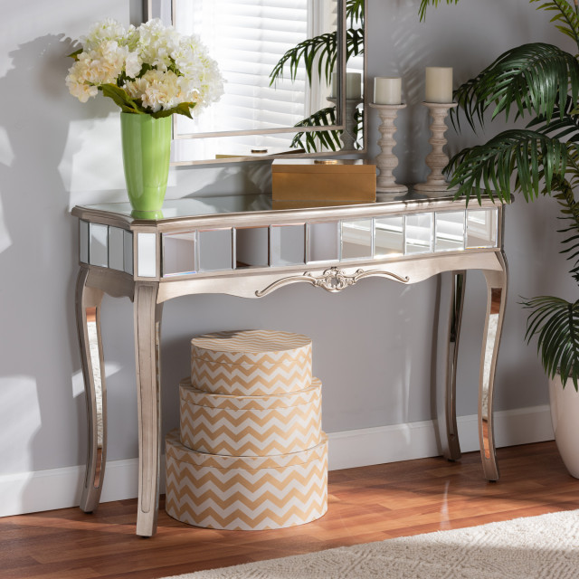 Elgin Contemporary Brushed Silver Finished Wood and Mirrored Glass ...