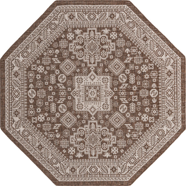Rug Unique Loom Outdoor Aztec Brown Octagon 7' 10 x 7' 10 ...