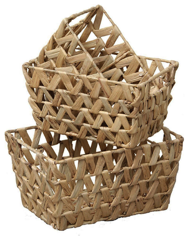 Rectangular Braided Water Hyacinth Baskets With Handles Natural Set of ...
