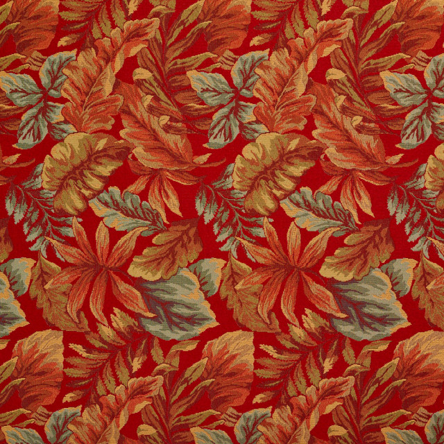 Orange Red Performance Leaves Botanical woven Upholstery Fabric by the ...