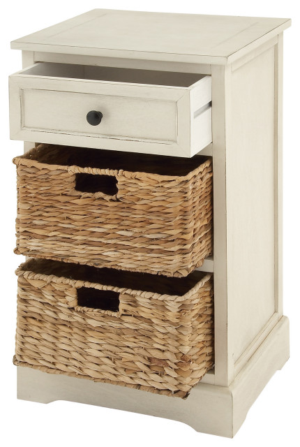 Urban Designs Malibu 3-Drawer Night Stand With Wicker Baskets, White ...