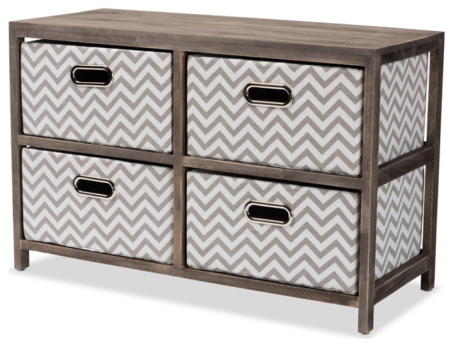 Modern Gray and White Fabric Upholestred Graywashed Wood 4-Basket ...