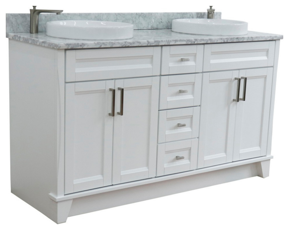 61" Double Sink Vanity, White Finish And White Carrara Marble And Round ...