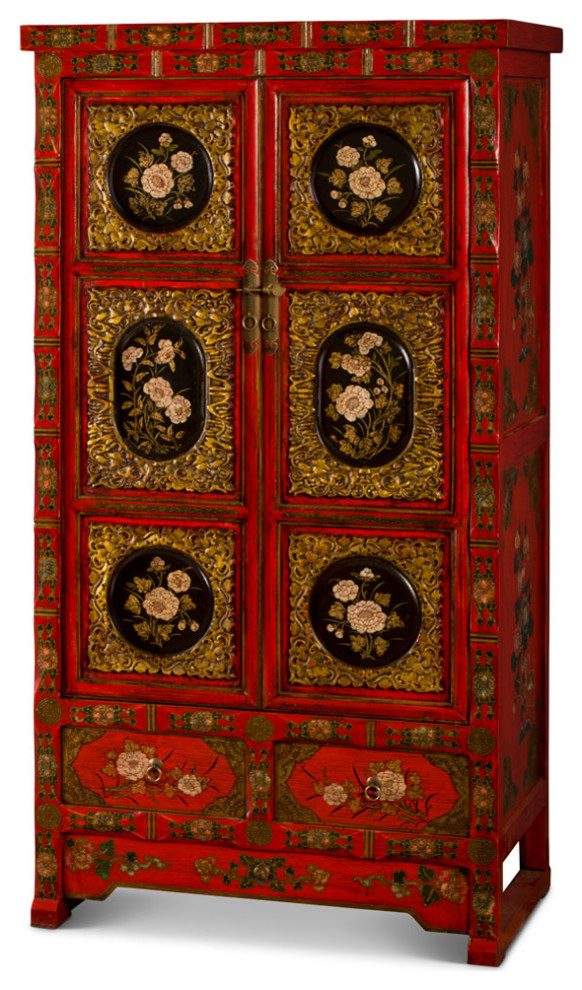 Elmwood Qing Dynasty Oriental Armoire with Peony Flowers - Asian ...