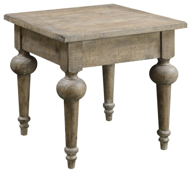 Rustic End Table, Bold Turned Legs With Square Plank Top & Storage ...