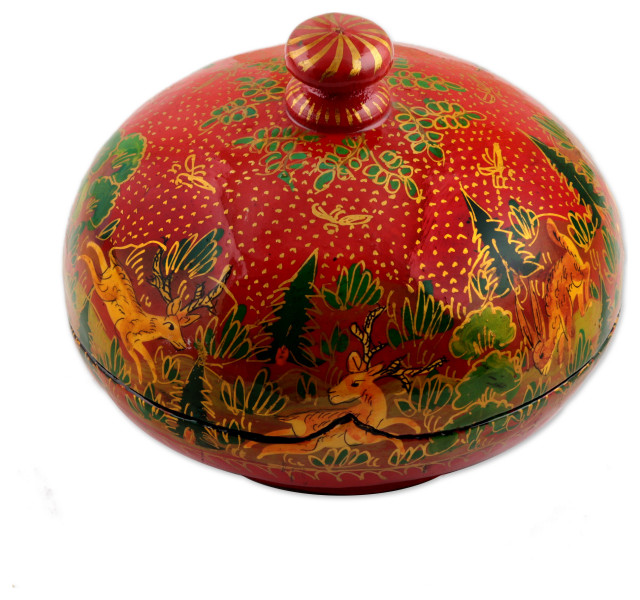 Novica Handmade Jungle Scene In Red Papier Mache Decorative Box ...