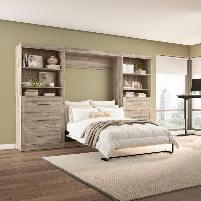 Bestar Pur Full Murphy Bed And 2 Shelving Units With Drawers (131W ...