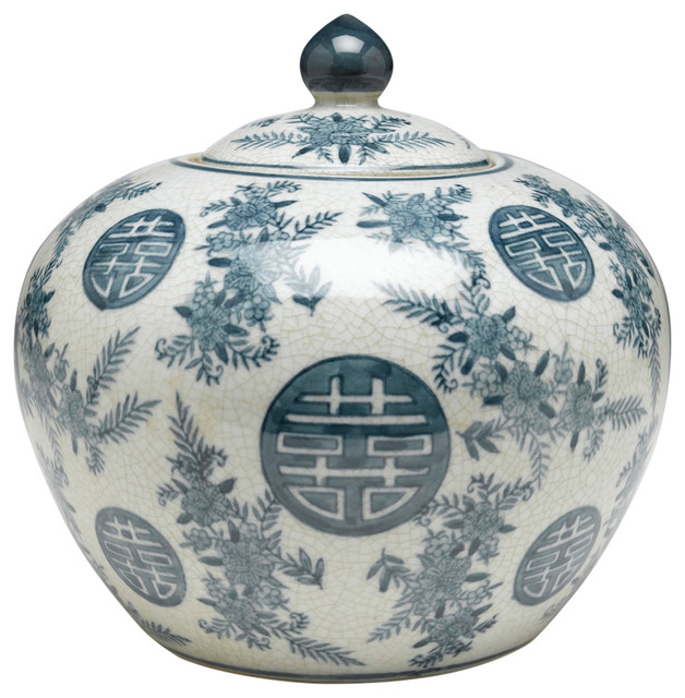 Blue and White Round Jar With Lid - Asian - Decorative Jars And Urns ...