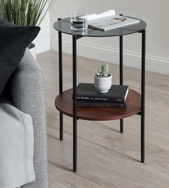 Modern End Table, Metal Frame With Walnut Brown Wooden Shelf & Tinted ...