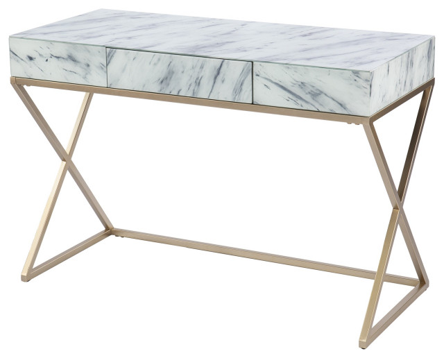 Contemporary Desk, X-Shaped Golden Base With Faux Marble Top & Storage ...