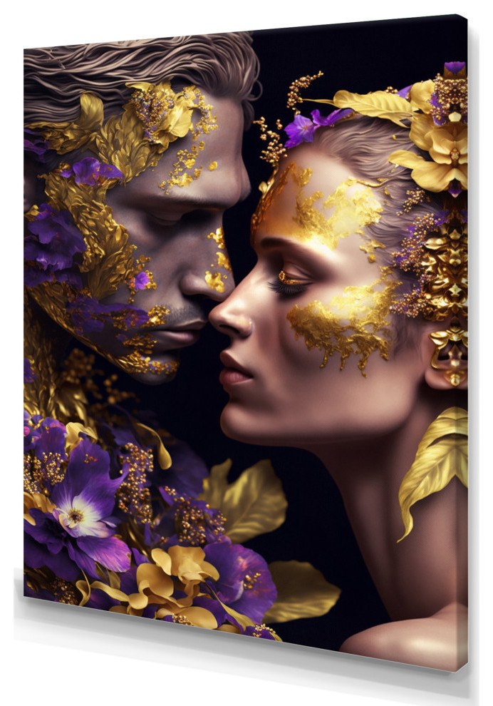 Loving Couple Kissing Floral Design I Canvas, 12x20 - Contemporary ...