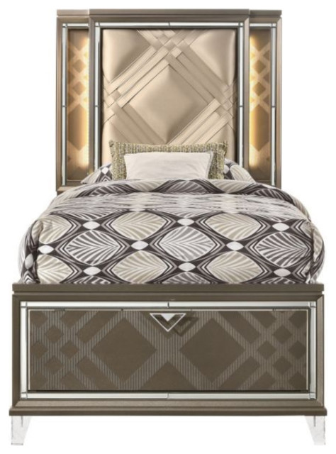 ACME Skylar Twin Bed With Storage, LED, PU and Dark Champagne ...