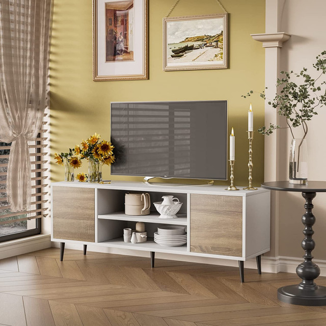 Mid-Century Modern TV Stand with Storage Cabinet and Open Shelves ...