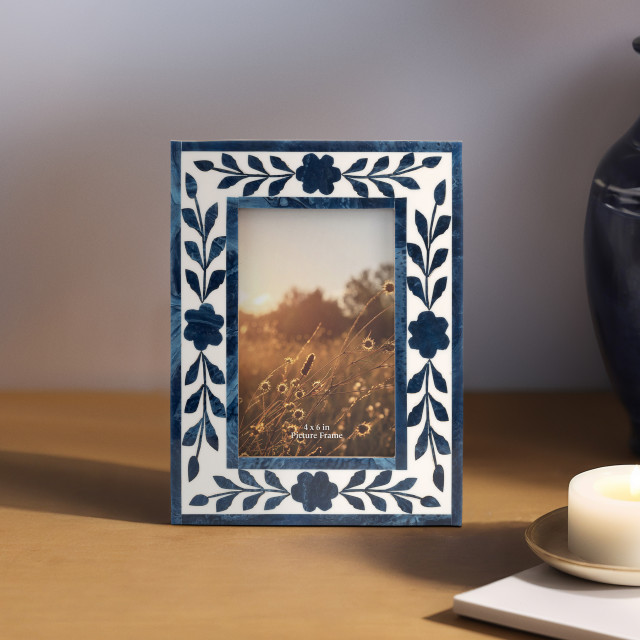 Resin, 4X6 Blue Petals Photo Frame, White/Blue, 7x1x9 inches ...
