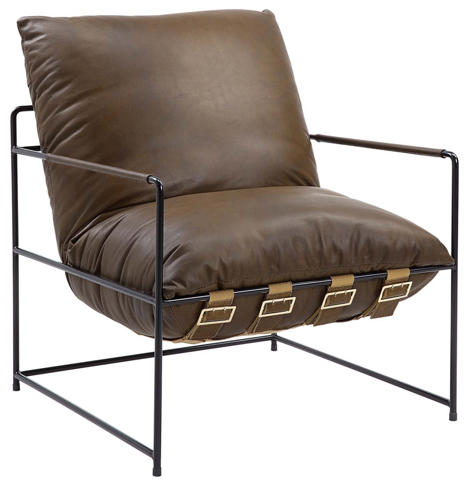 Metal Frame Accent Chair With Saturn Leather Cushion - Industrial ...