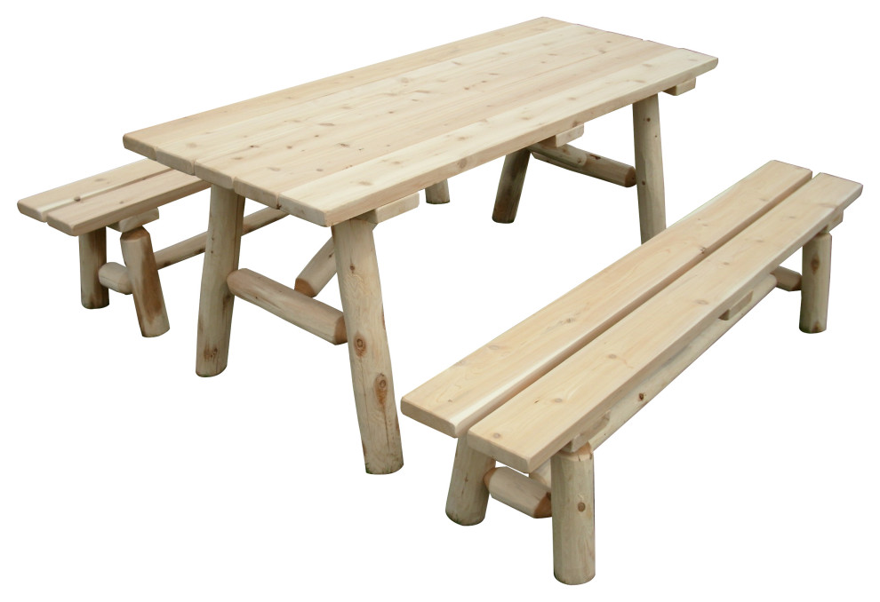 White Cedar Log Picnic Table With 2 Benches, 6 Foot - Rustic - Outdoor ...