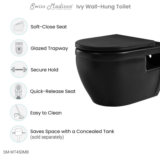 Ivy Wall-Hung Elongated Toilet Bowl, Matte Black - Contemporary ...