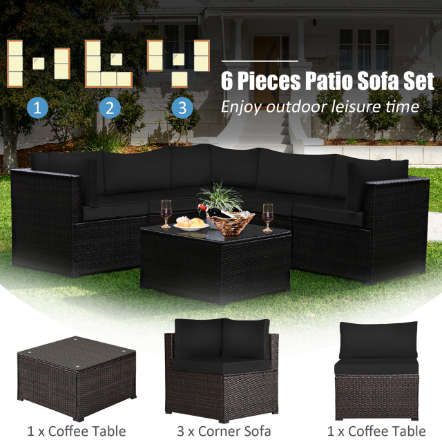 Costway 6PCS Rattan Patio Sectional Sofa Conversation Set Outdoor, 6PCS ...