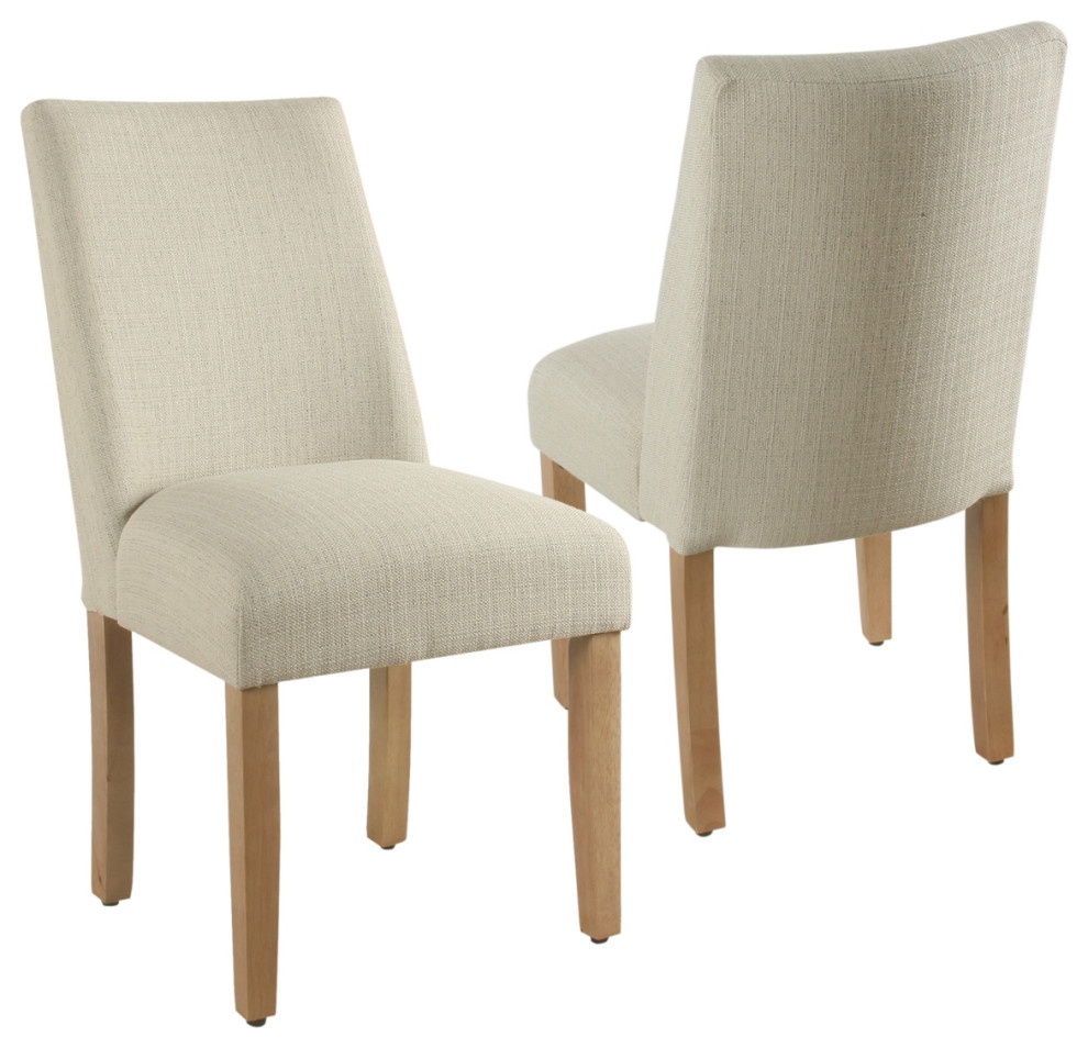 Fabric Upholstered Wooden Dining Chair Angled Curved Backrest Beige