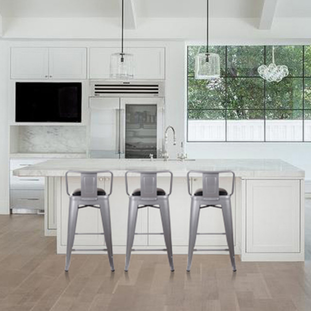 Lowback Gray Metal Bar Stools, Gray Vegan Leather Seat, Set of 3 ...