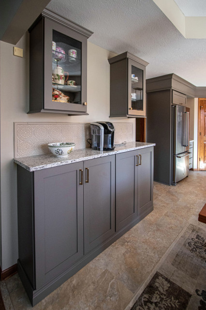 2 Tone Gray Kitchen with Quartz Countertop and Crackle Tile Backsplash ...