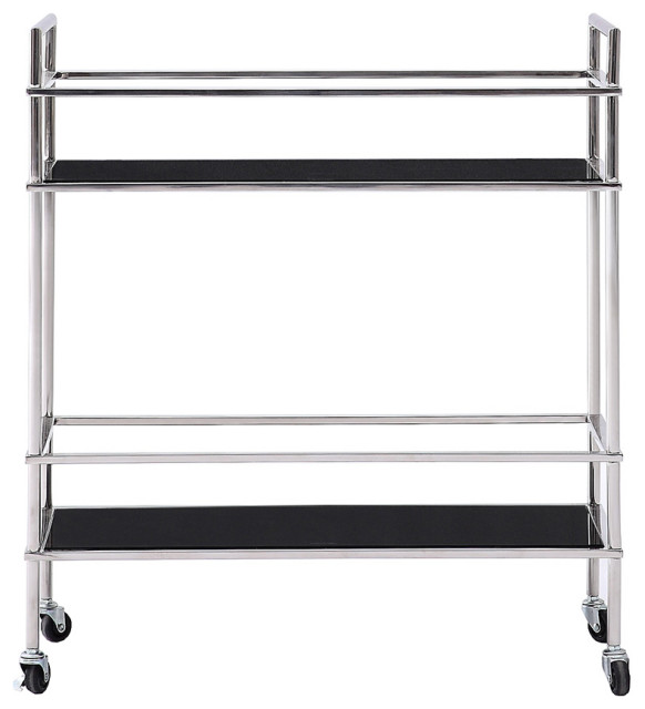 Side Table/ Bar Cart, Black Glass, Stainless Steel Base - Contemporary ...