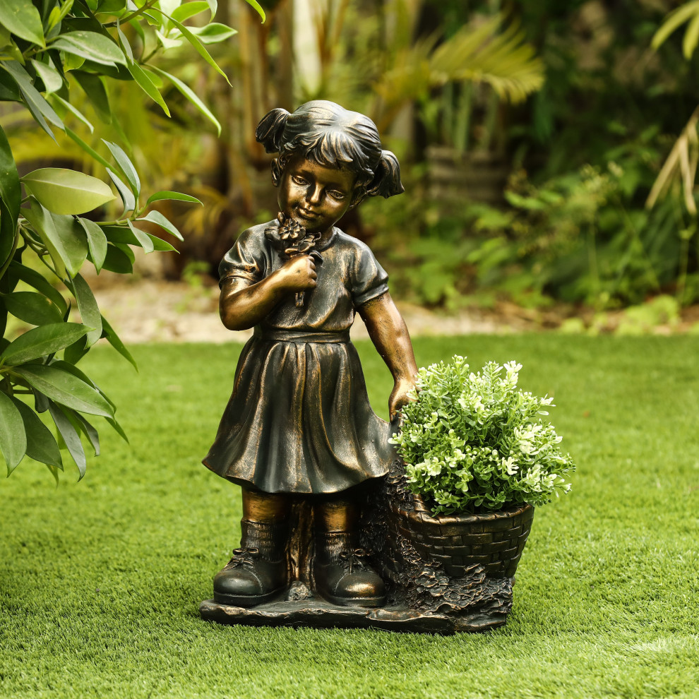 Girl Picking Flowers and Plant Holder Garden Statue - Contemporary ...