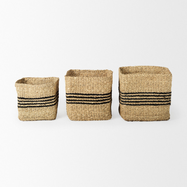 Cullen Brown & Black Twisted Seagrass Square Baskets (Set of 3) - Beach Style - Baskets - by ...