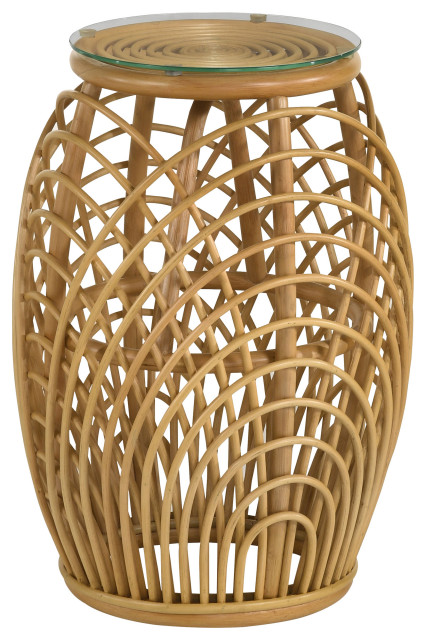 Dahlia Round Glass Top Woven Rattan End Table Natural Brown - Tropical - Side Tables And End ...