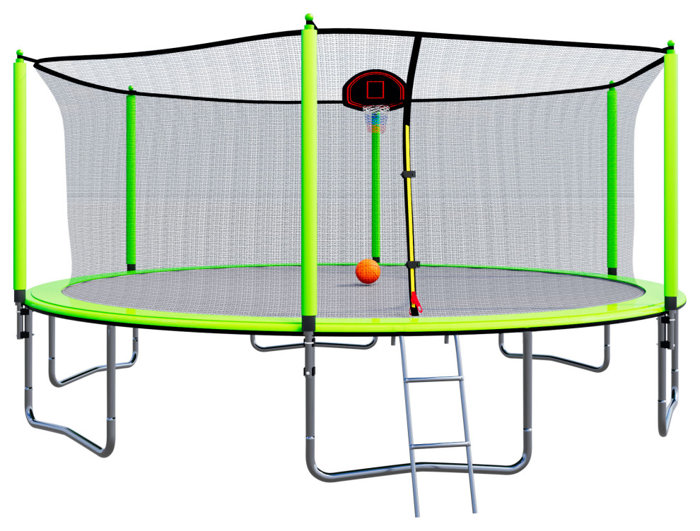 15-ft Round Backyard Trampoline in Green with Enclosure, Covered/Padded ...