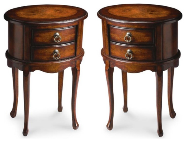 Home Square Two Drawers Oval Side Table in Cherry Finish - Set of 2 ...