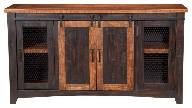 65" Solid Wood Entertainment Center with Sliding and Metal Mesh Doors ...