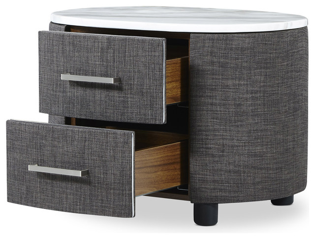 Modern Daphne Side Table Gray Linen Fabric White Marble Oval Top Polished - Transitional ...