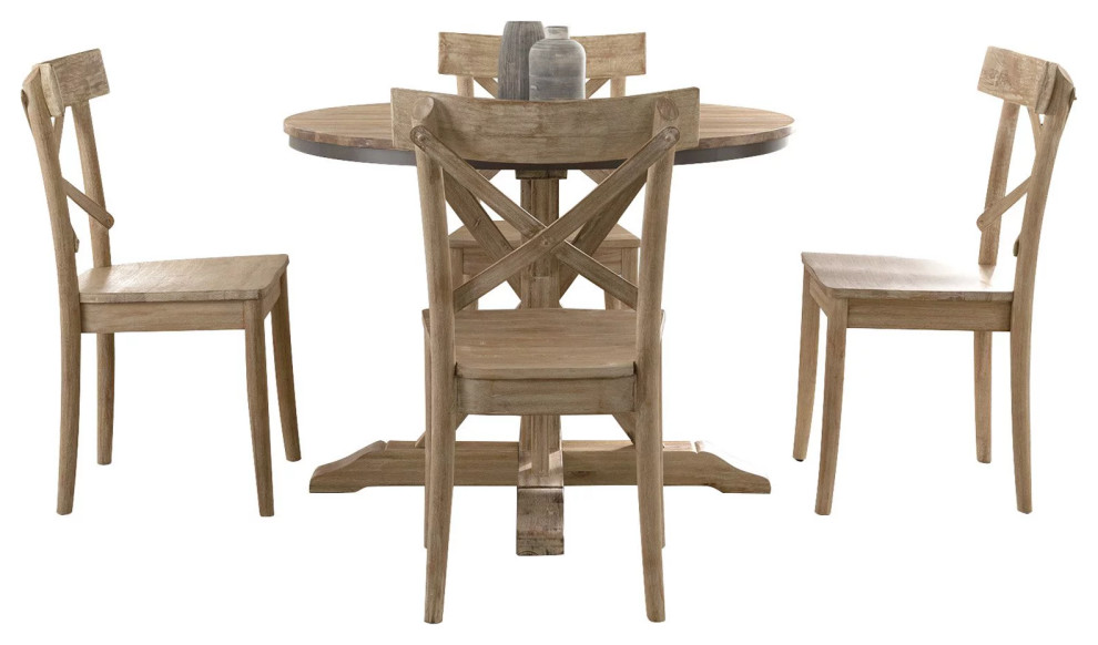 Farmhouse Dining Set, Round Table & 4 Chairs With Crossed Backrest ...