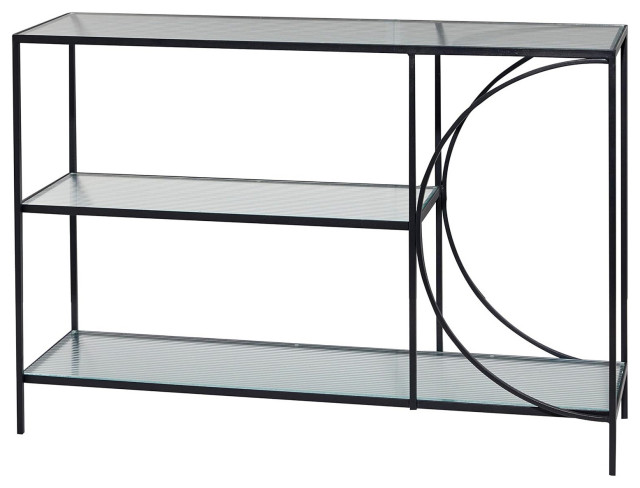 Industrial Black Console Table with Geometric Metal Base, Glass Top ...