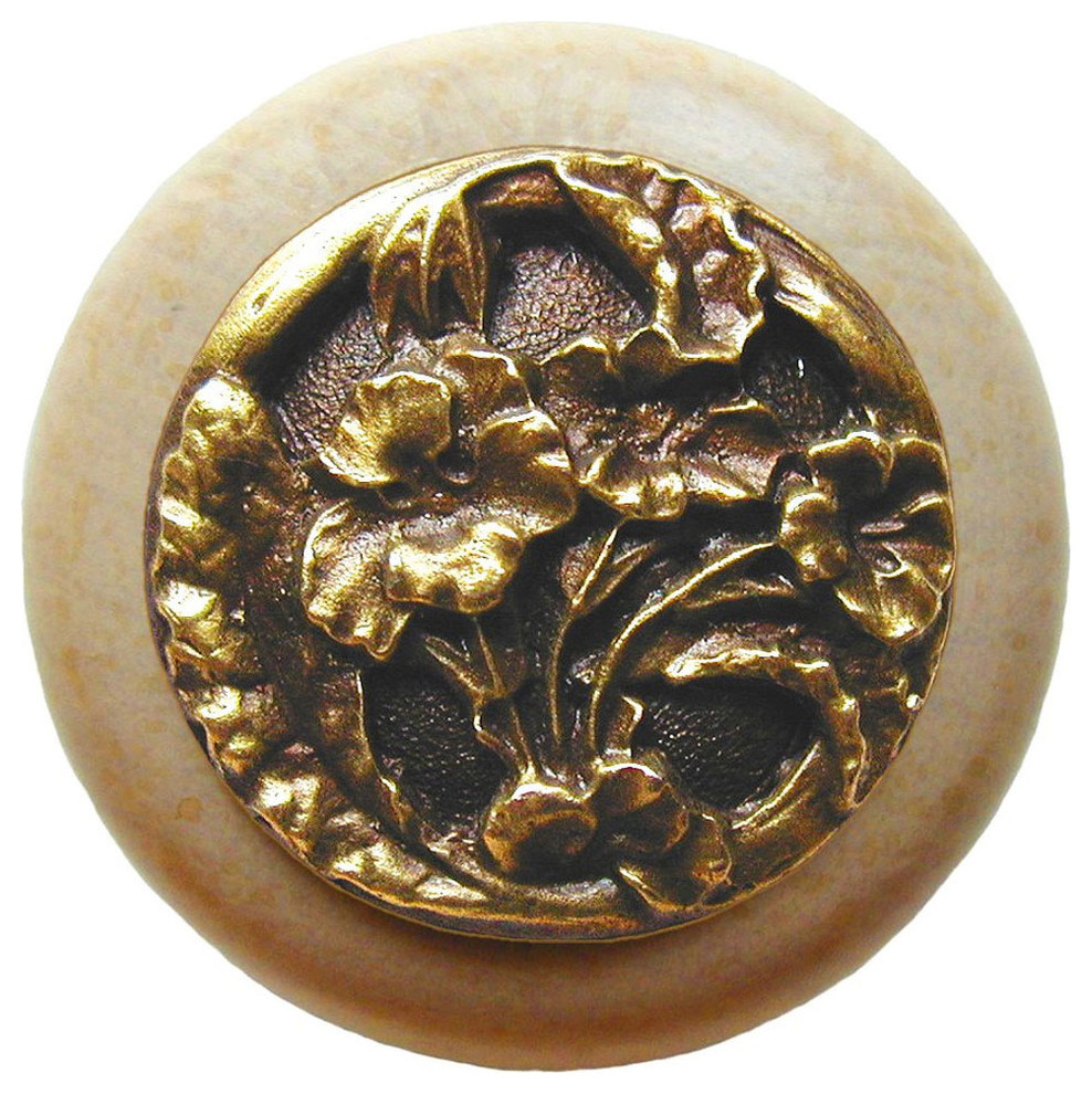 Hibiscus Natural Wood Knob, Unfinished With Antique-Style Brass ...