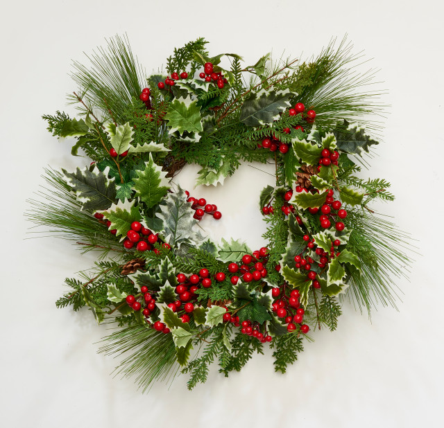 22" Variegated Holly Pine Berry Wreath - Modern - Wreaths And Garlands ...