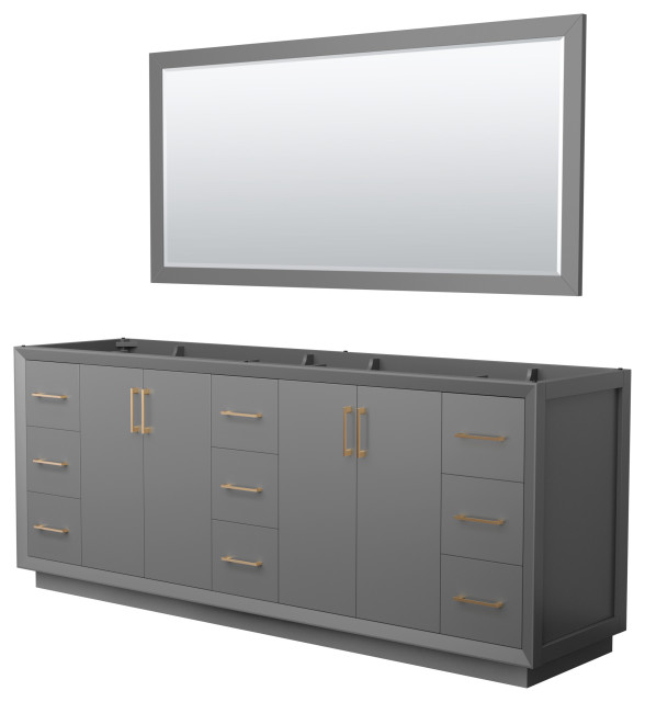 Strada 84" Double Vanity, Dark Gray, Satin Bronze Trim, 70" Mirror ...