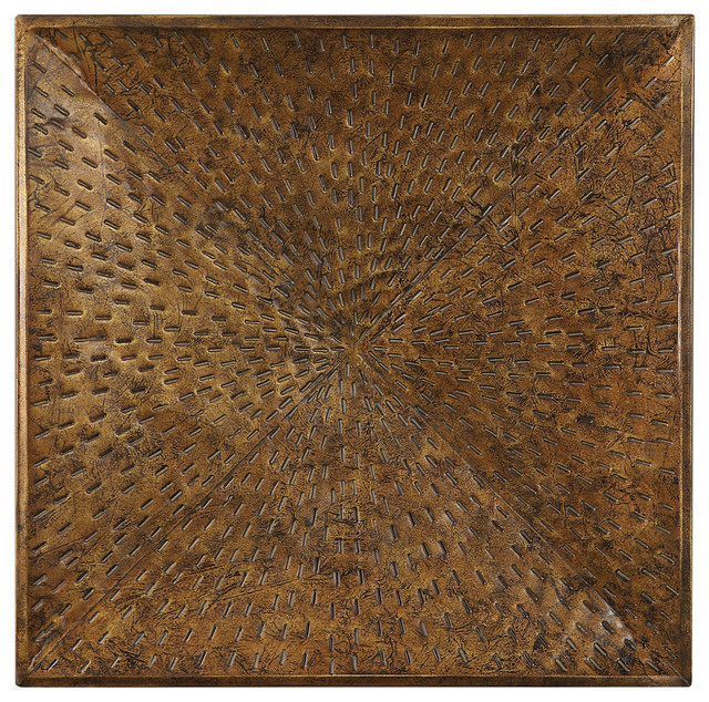 Large Bronze Metal Wall Sculpture Square, Textured Pierced Rustic ...