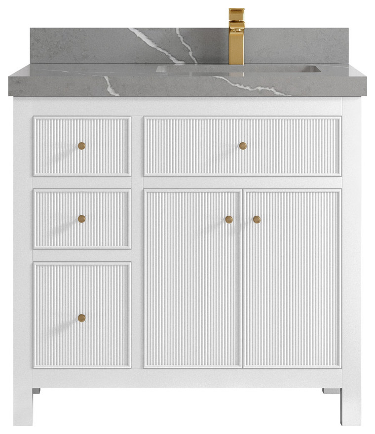 Sonoma 36 Right Offset Reeded Bath Vanity in White 2" Piatra Gray ...