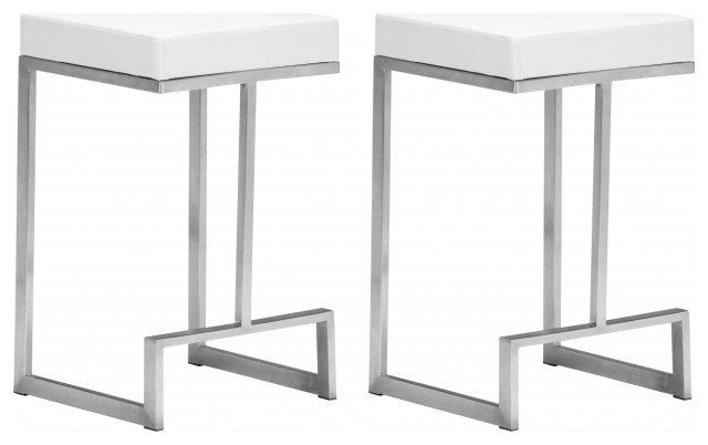 Set of Two White Faux Leather and Stainless Geometric Backless Counter ...