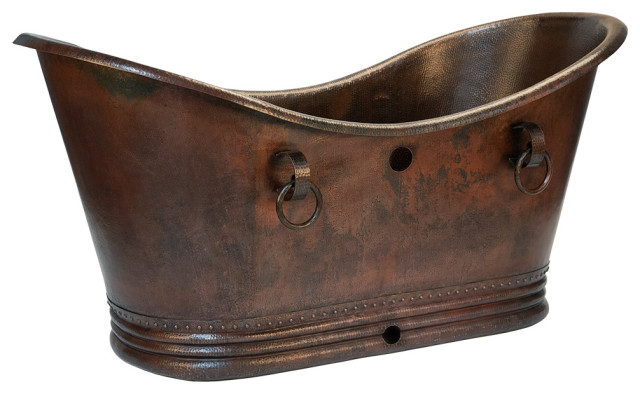 72" Hammered Copper Double Slipper Bathtub, Rings, Overflow Holes ...