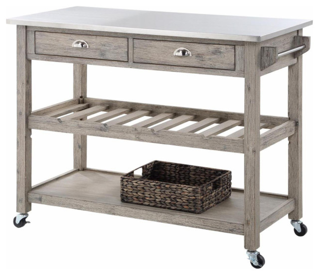 Large Kitchen Cart, Slatted Shelf & Stainless Steel Top, Wire Brushed ...
