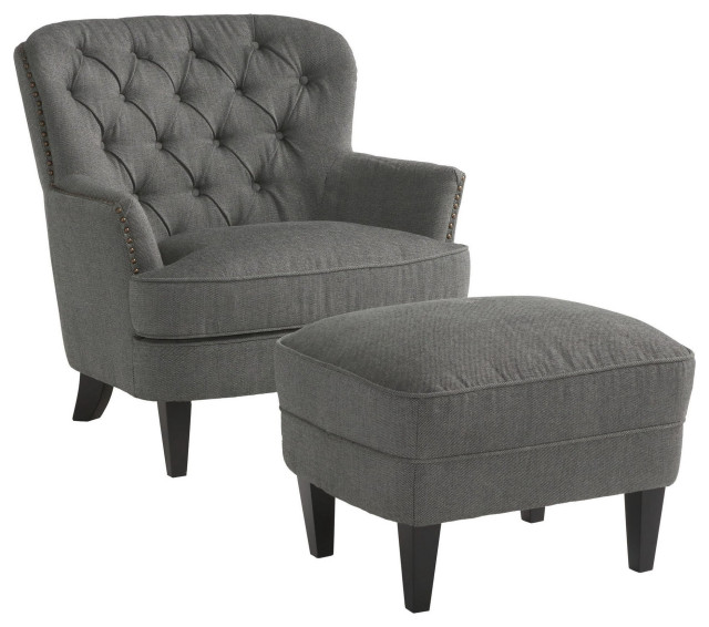 Contemporary Grey Club Chair & Ottoman, Button Tufted Upholstery ...