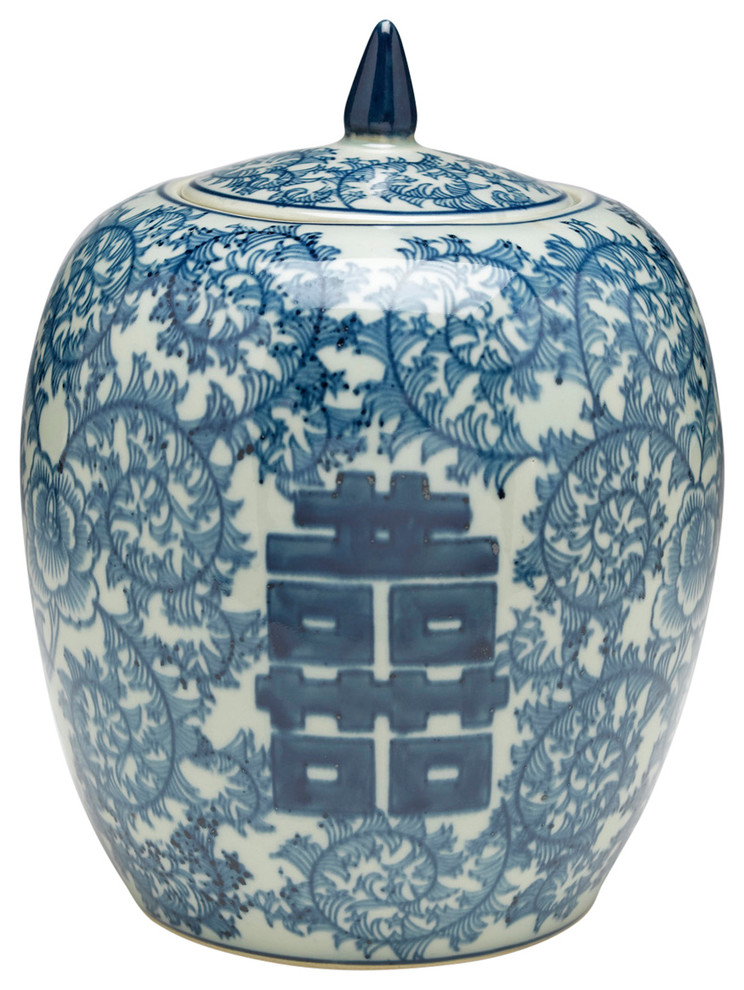 Blue and White Round Jar With Lid - Asian - Decorative Jars And Urns ...